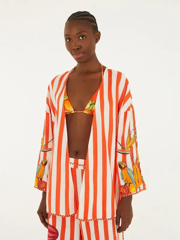 Farm Rio Striped Linen-blend Blouse With V-neck And Drawstring Waist