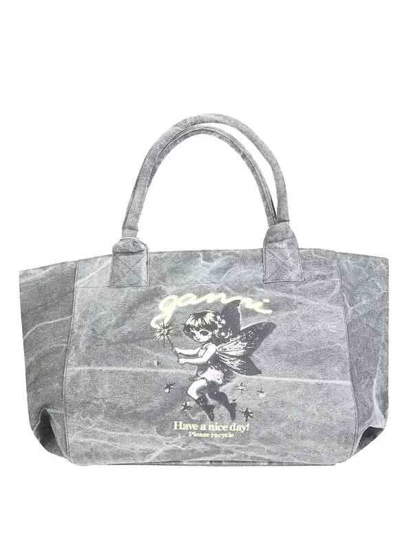 GANNI Medium Trapeze Shopper Bag With Fairy Print - Nero