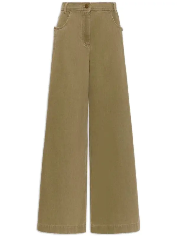 Max Mara 100% Cotton Jeans With Concealed Zip, Back Patch Pockets & Logo Embroidery - Verde
