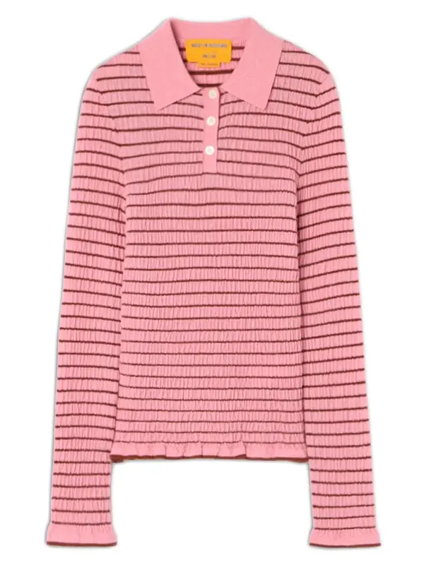 Guest In Residence Long-sleeve Striped Polo With Gathered Detail - Rosa