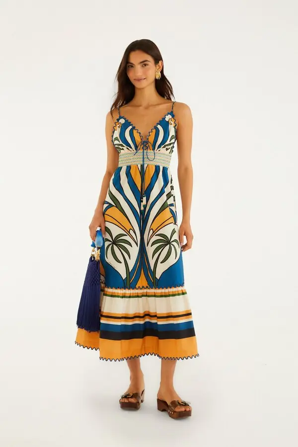 Farm Rio Long Printed Cotton Dress With Elastic Waistband And V-neck Lace Detail - Multicolor