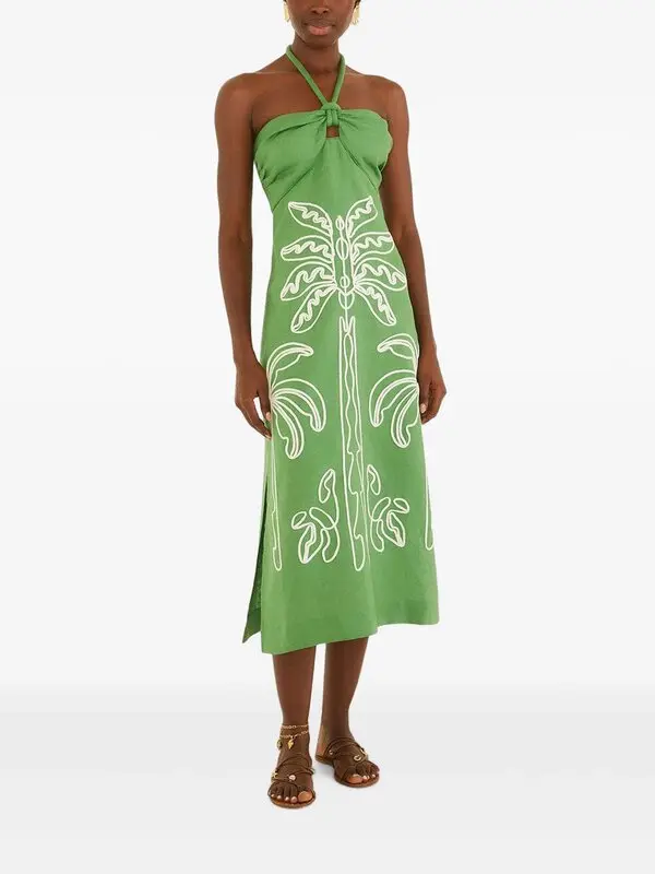 Farm Rio Linen Halter Neck Midi Dress With Front Embroidery - Verde