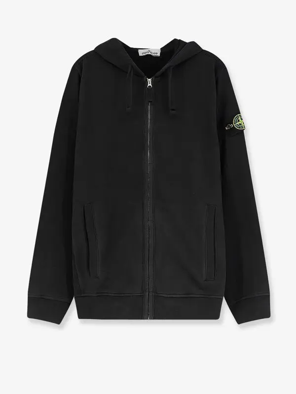 Stone Island 100% Cotton Zip-front Hoodie With Drawstring Hood And Ribbed Cuffs - Nero