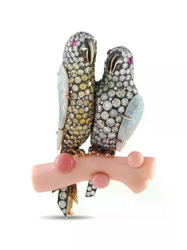 LB EXCLUSIVE Lovebird Diamond, Opal, And Ruby Brooch - Gold