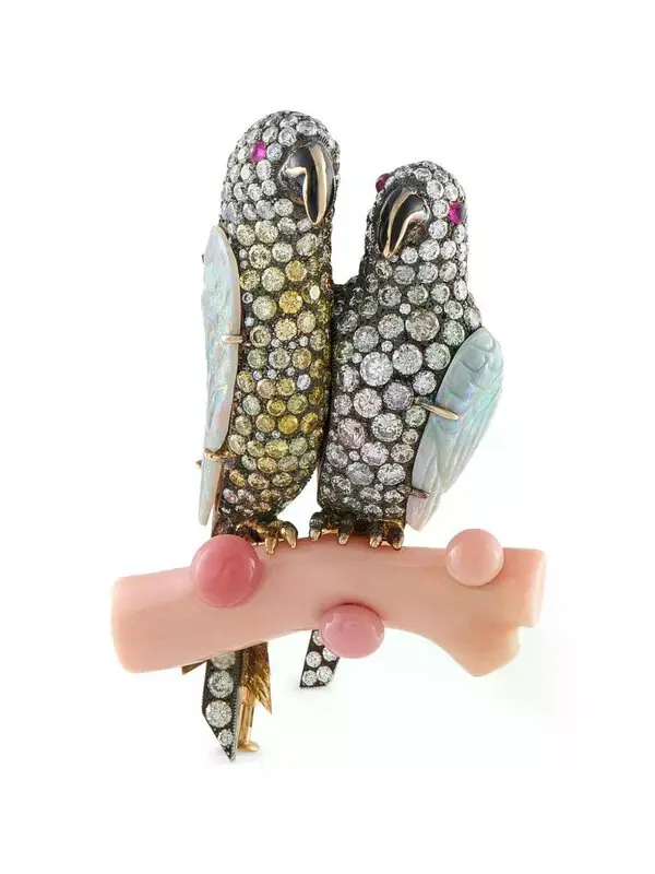LB EXCLUSIVE Lovebird Diamond, Opal, And Ruby Brooch - Gold