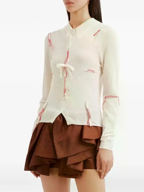 SHUSHU/TONG Distressed Wool Cardigan With Bow Detail