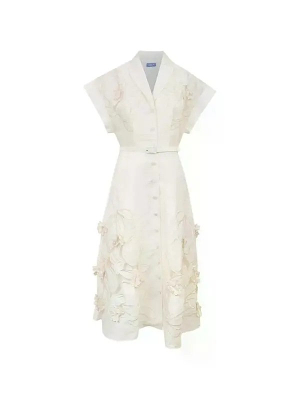 LEO LIN Floral Appliqué Belted Midi Dress