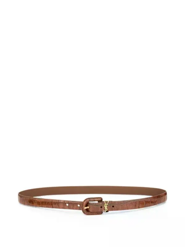 Saint Laurent Cassandre Thin Belt In Crocodile-embossed Leather