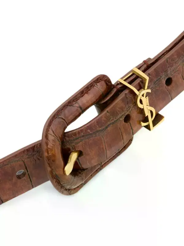 Saint Laurent Cassandre Thin Belt In Crocodile-embossed Leather
