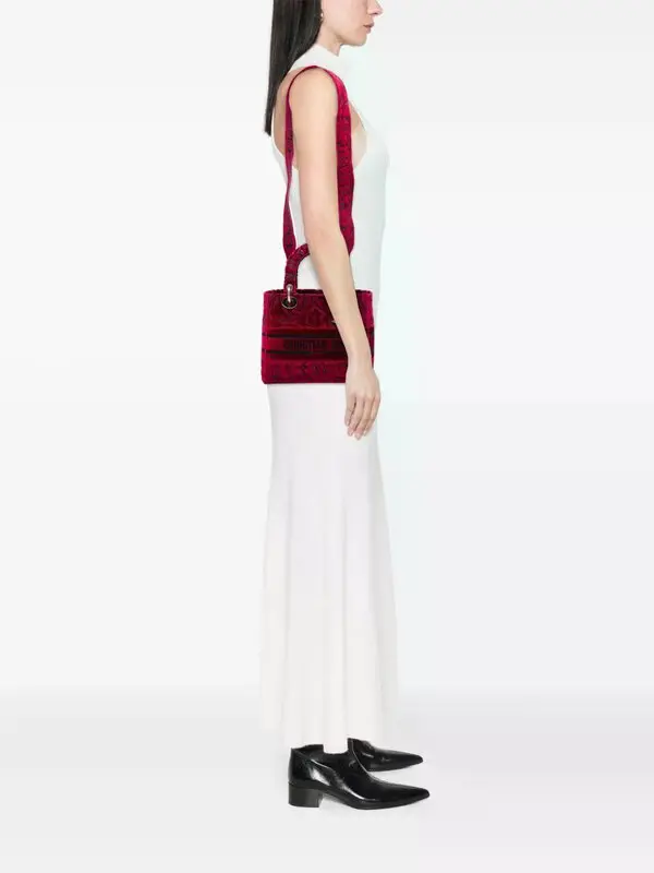 Dior Embroidered Velvet Roses Lady D Lite Satchel - Red