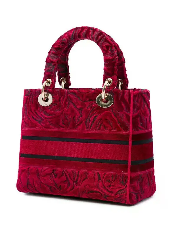 Dior Embroidered Velvet Roses Lady D Lite Satchel - Red