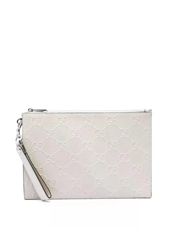 Gucci Gg Embossed Perforated Calfskin Wristlet Clutch Bag - White