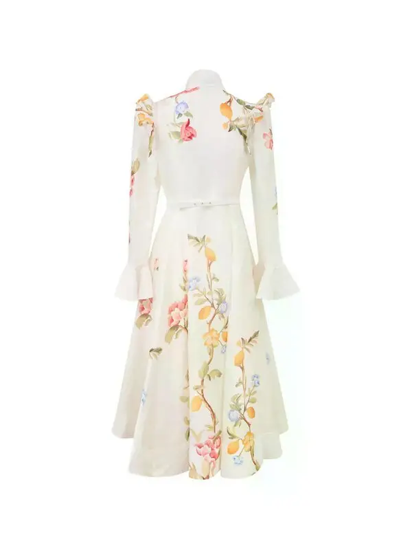LEO LIN Off-white Floral Print Ruffled Shoulder Midi Dress