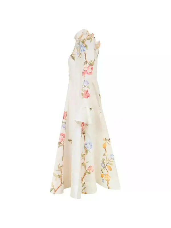 LEO LIN Off-white Floral Print Ruffled Shoulder Midi Dress