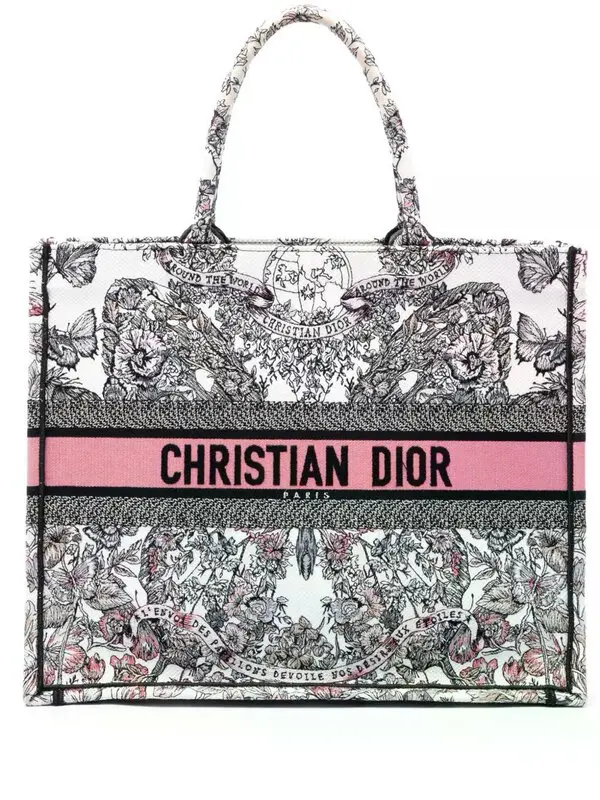 Dior Large Embroidered Canvas Butterfly Around The World Book Tote Bag - White