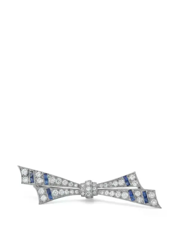 LB EXCLUSIVE Platinum Diamond And Sapphire Bow Motif Brooch - Silver