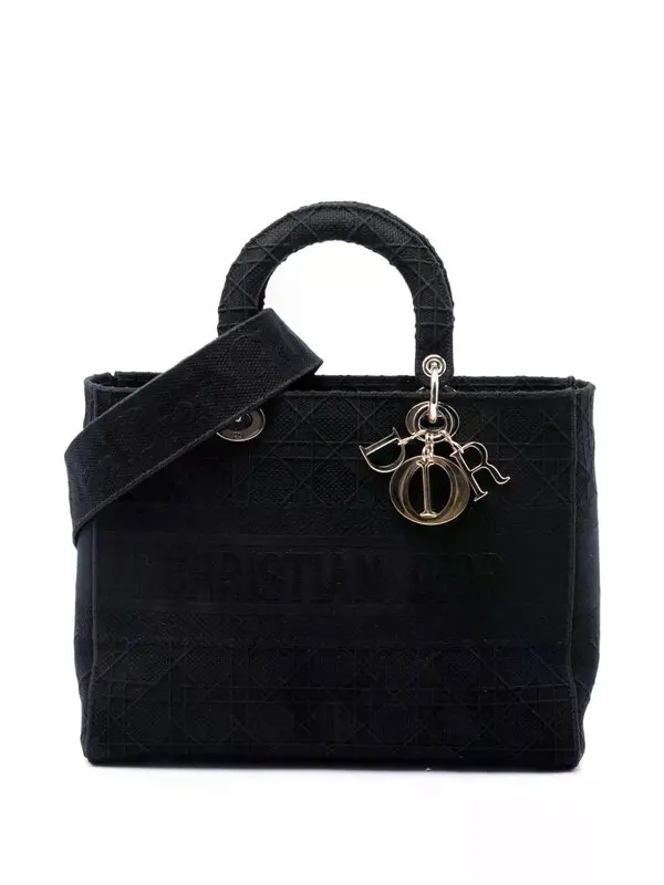 Dior Embroidered Canvas Cannage Lady D Lite Satchel - Black