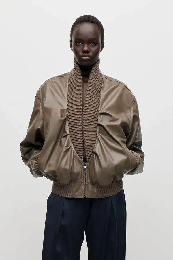 Victoria Beckham Zana Leather Bomber Jacket - Brown