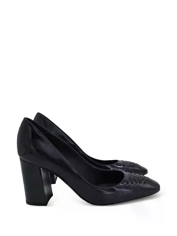 Bottega Veneta Patent Leather Intrecciato Block Heel Pumps - Black