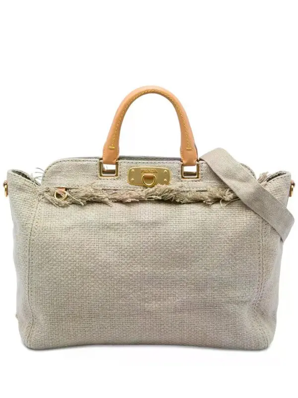 Prada Raffia Shopping Tote Satchel With Fringe Detail