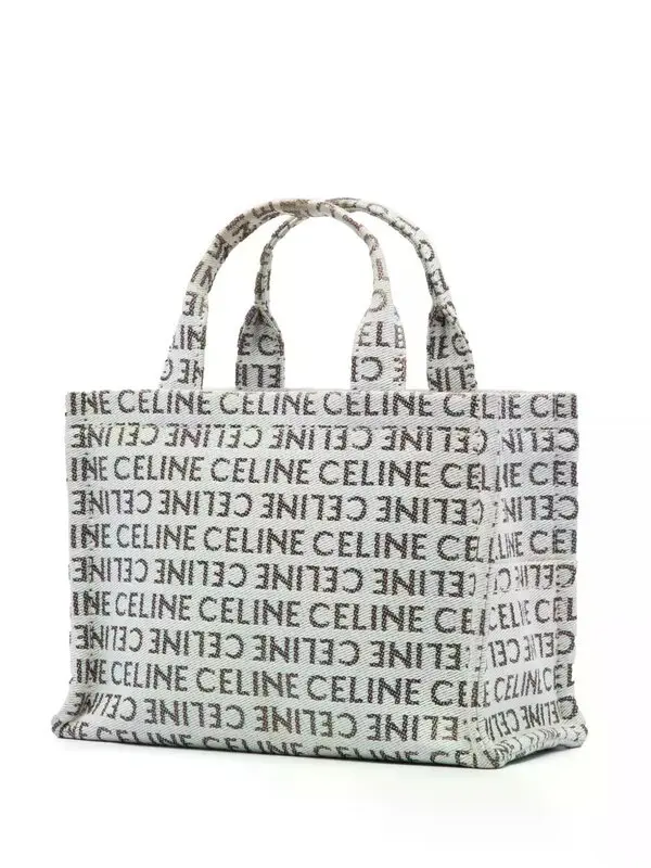 Celine Small All Over Logo Print Canvas Cuir Triomphe Cabas Thais Satchel - White