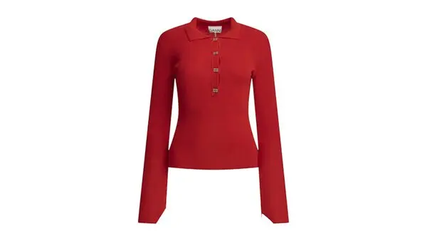 GANNI Merino Wool Polo Shirt Sweater - Red