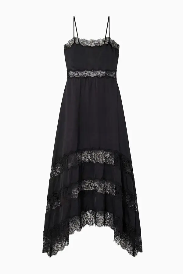 Ulla Johnson Coco Sleeveless Silk Midi Dress With Chantilly Lace Inserts