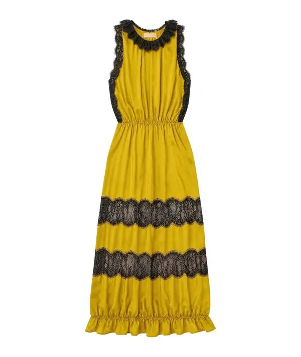 Ulla Johnson Alix Sleeveless Silk Midi Dress With Lace Trim - Citrine