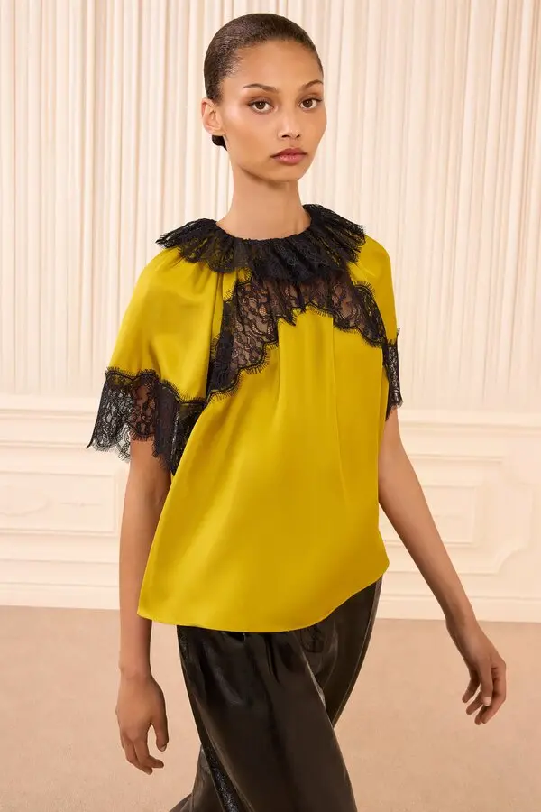 Ulla Johnson Nina Short Sleeve Silk Twill Blouse With Lace Trim