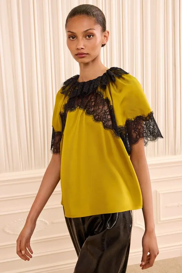 Ulla Johnson Nina Short Sleeve Silk Twill Blouse With Lace Trim