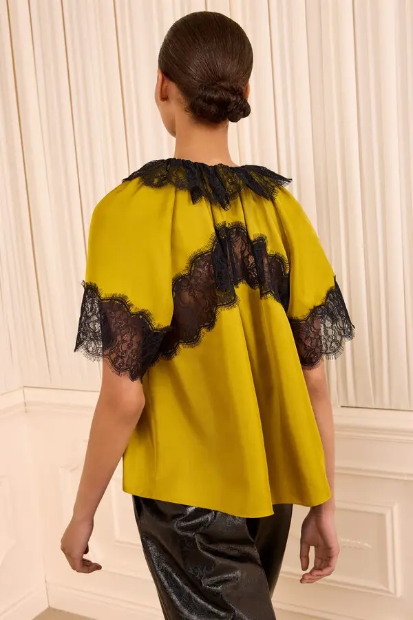 Ulla Johnson Nina Short Sleeve Silk Twill Blouse With Lace Trim