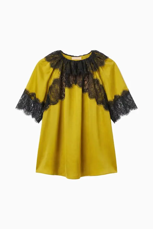 Ulla Johnson Nina Short Sleeve Silk Twill Blouse With Lace Trim