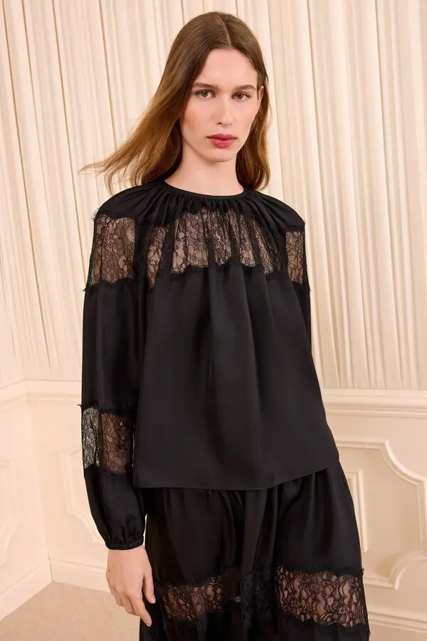 Ulla Johnson Bess Long Sleeve Silk Blouse With Chantilly Lace