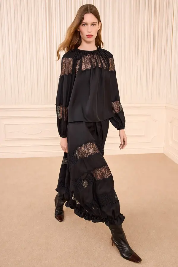 Ulla Johnson Bess Long Sleeve Silk Blouse With Chantilly Lace - Noir