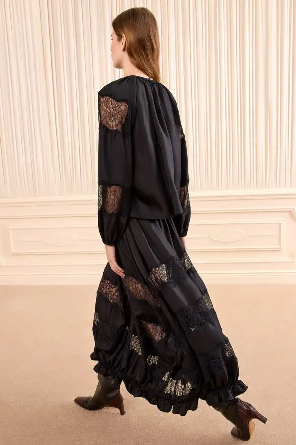 Ulla Johnson Bess Long Sleeve Silk Blouse With Chantilly Lace - Noir