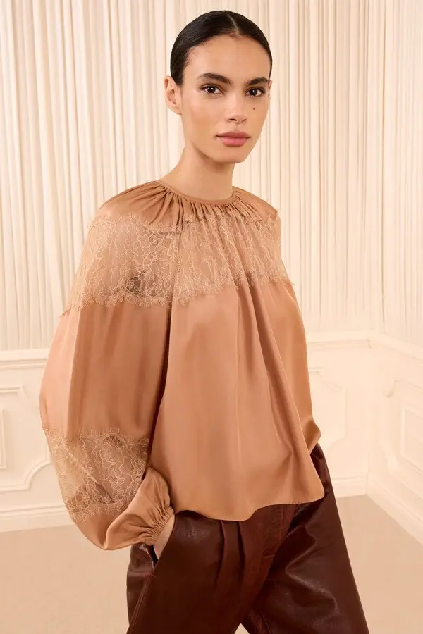 Ulla Johnson Bess Long Sleeve Silk Blouse With Lace Details - Macaroon