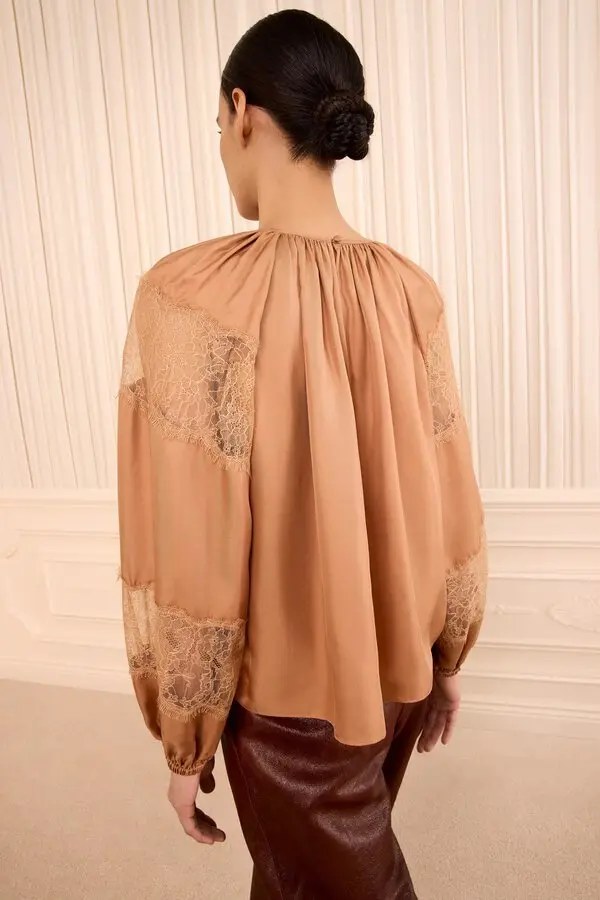 Ulla Johnson Bess Long Sleeve Silk Blouse With Lace Details - Macaroon