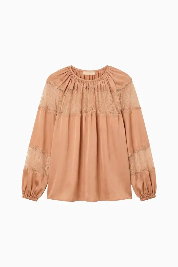 Ulla Johnson Bess Long Sleeve Silk Blouse With Lace Details - Macaroon