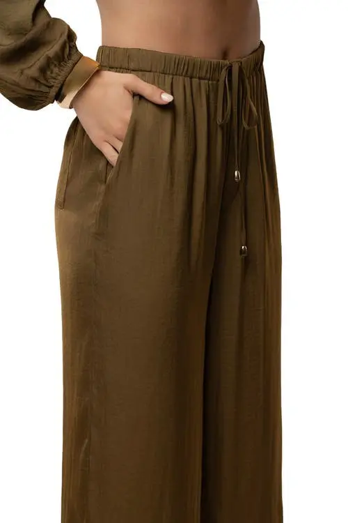 JLUXLABEL High-waisted Crinkled Satin Drawstring Trousers