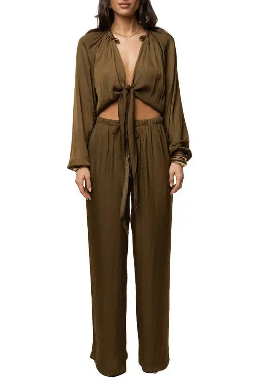 JLUXLABEL High-waisted Crinkled Satin Drawstring Trousers