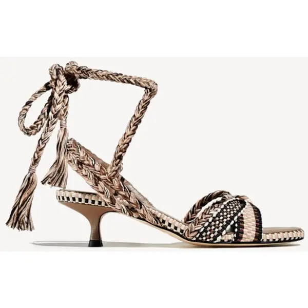 AMAMBAIH Aitana Braided Cotton Lace-up Kitten Heel Sandal - Sand