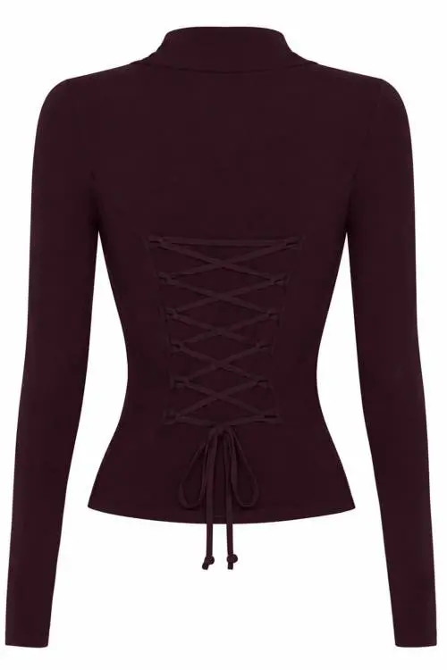 TA3 Sculpting Ruched Long Sleeve Top - Garnet/lace