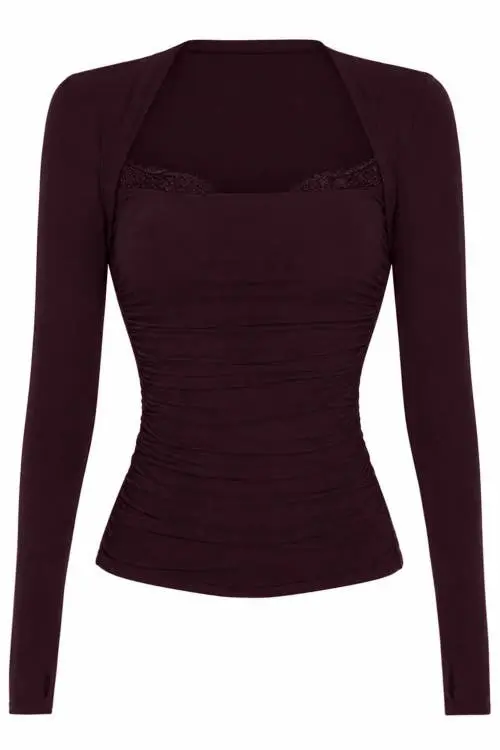 TA3 Sculpting Ruched Long Sleeve Top - Garnet/lace