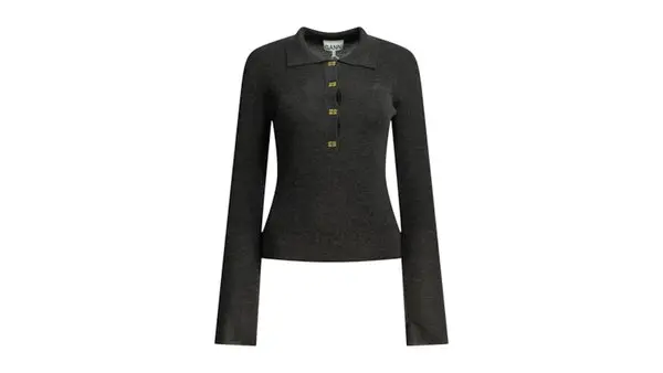 GANNI Logo Polo Shirt Sweater - Grey