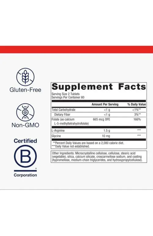 METAGENICS Arginine Plus L-arginine Methyl Folate Cardiovascular Support 120 Tablets
