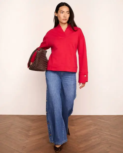 Mint Velvet Cotton V-neck Sweatshirt With Button Detail
