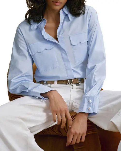 Mint Velvet Cotton Scallop Detail Shirt - Blue