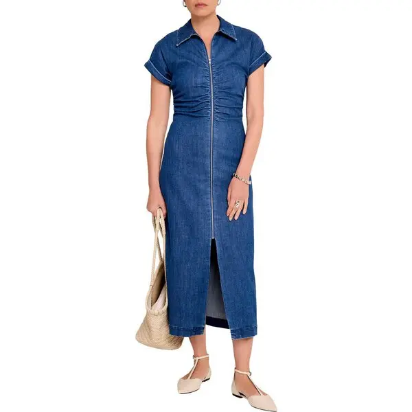 Mint Velvet Denim Ruched Midi Shirt Dress - Blue