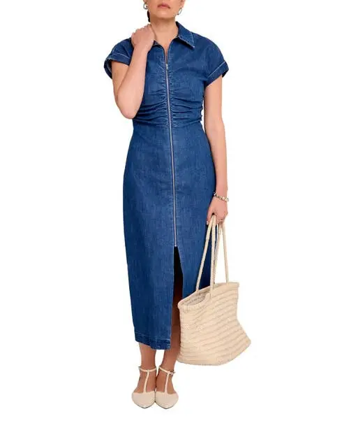 Mint Velvet Denim Ruched Midi Shirt Dress