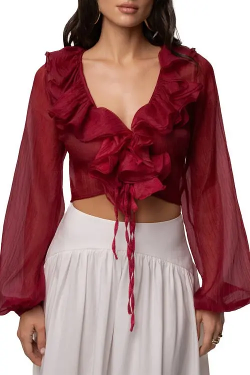 JLUXLABEL Delilah Ruffled Tie Front Cropped Blouse - Berry